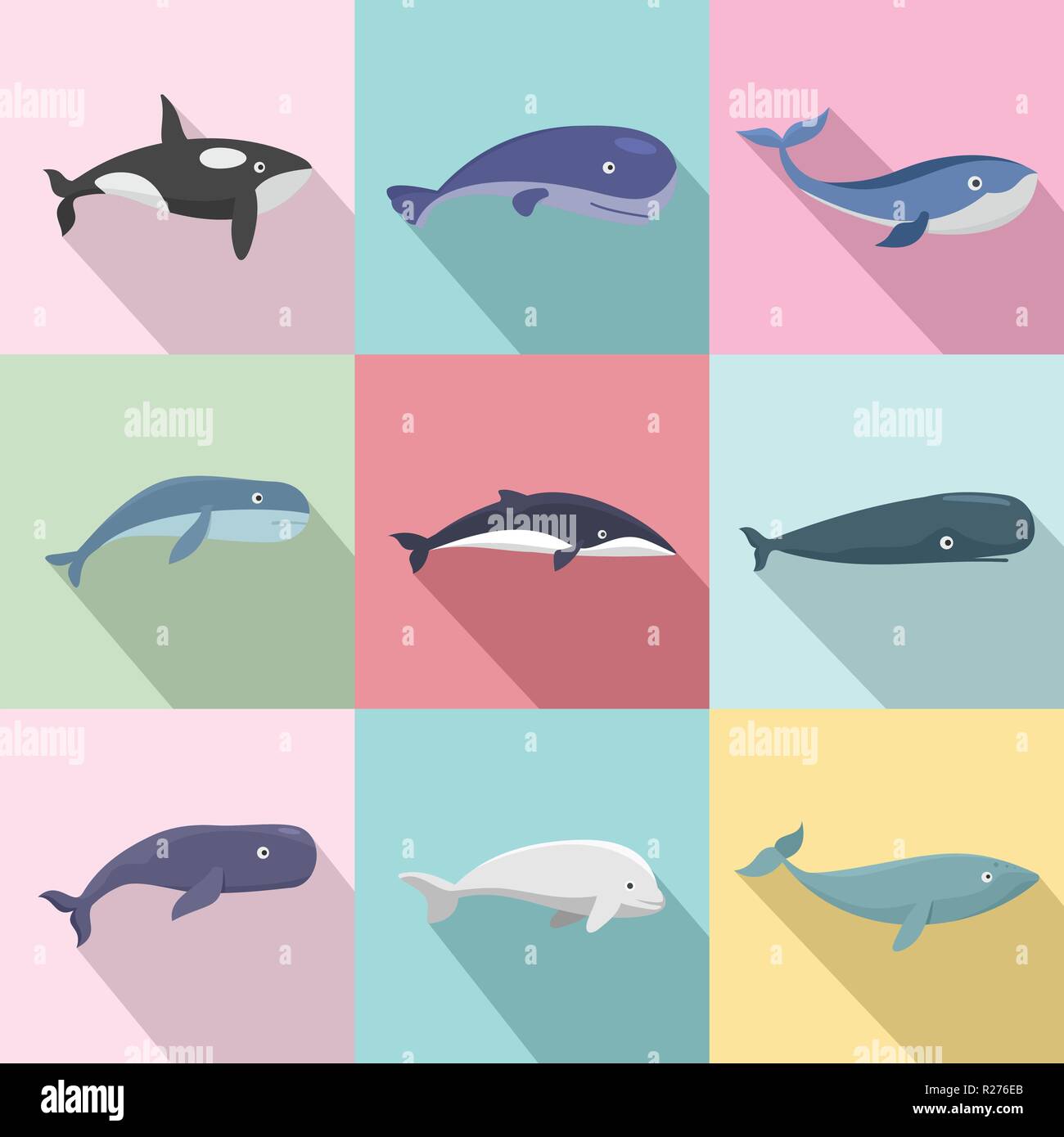 Whale blue tale fish icons set. Flat illustration of 9 whale blue tale ...