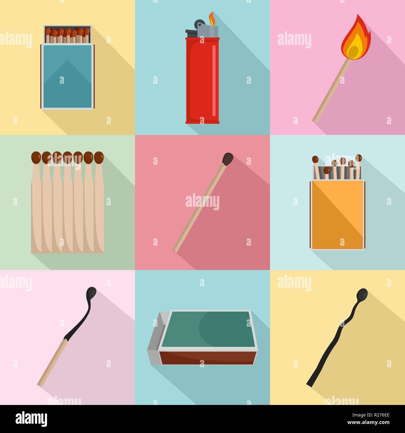 Safety match ignite burn icons set. Flat illustration of 9 safety match ...