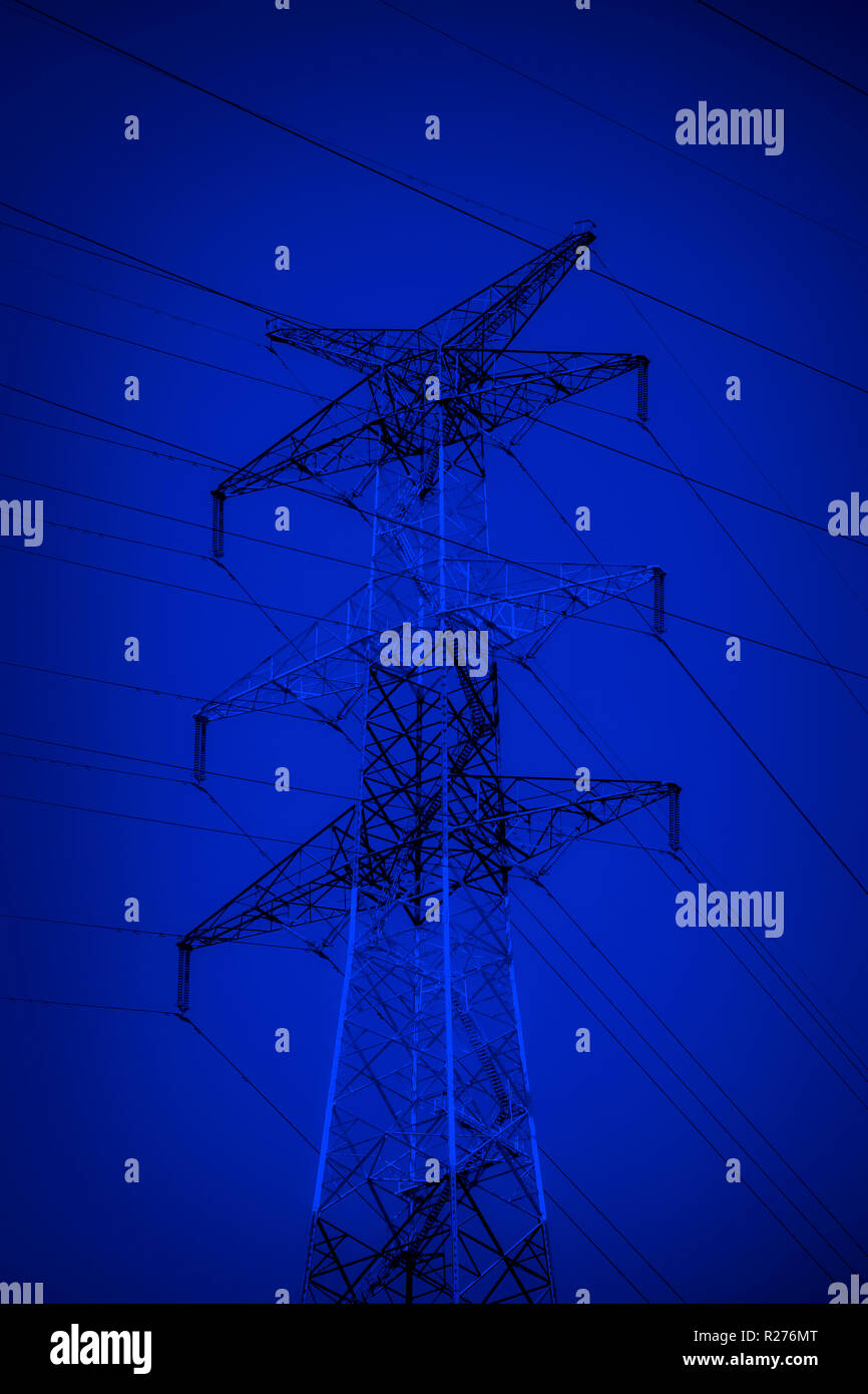 an image of a metal tower of Power Lines Stock Photo - Alamy