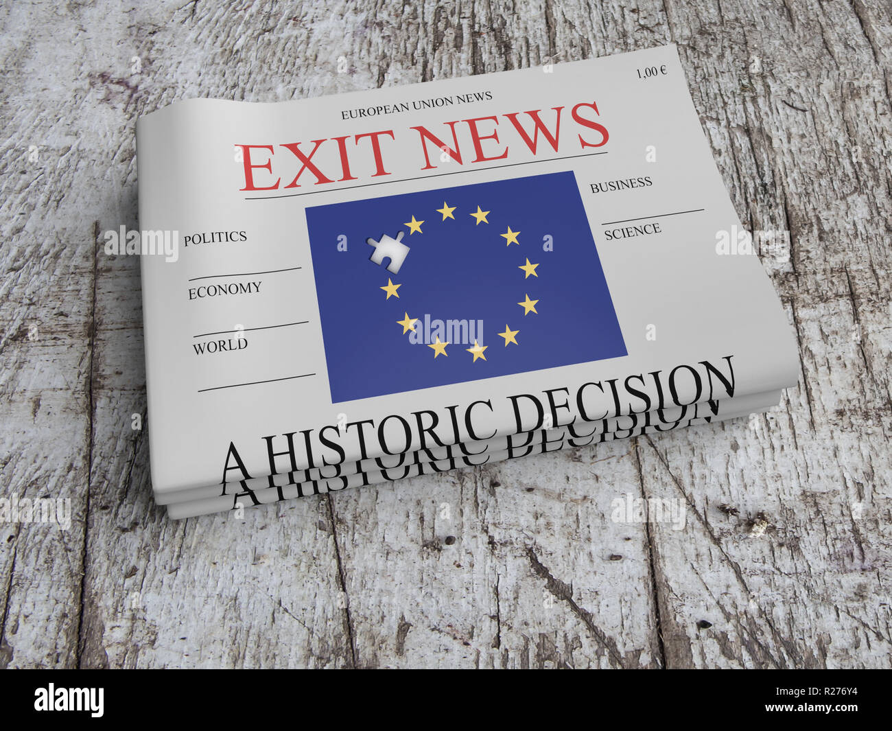EU Politics Concept: Pile of Newspapers Exit News On Scratched Old Wood ...