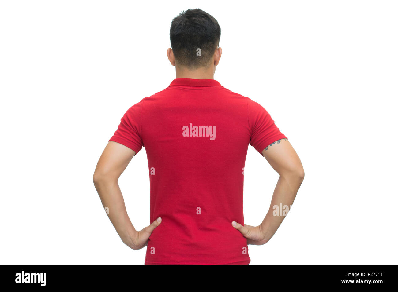 Rear view of a man standing isolated on white background. With clipping ...