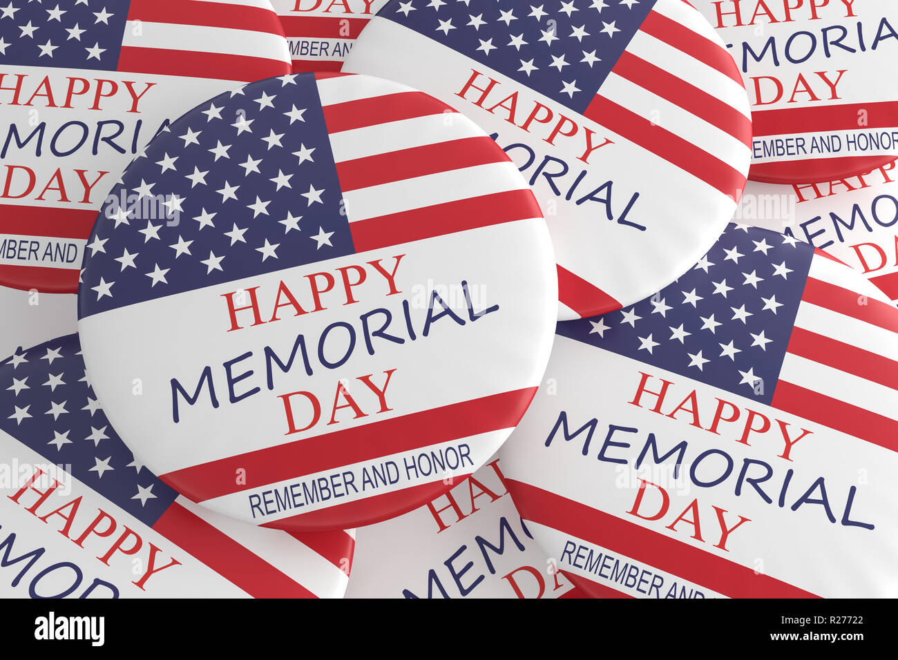 Pile of Happy Memorial Day Badges With US Flag 3d illustration Stock ...