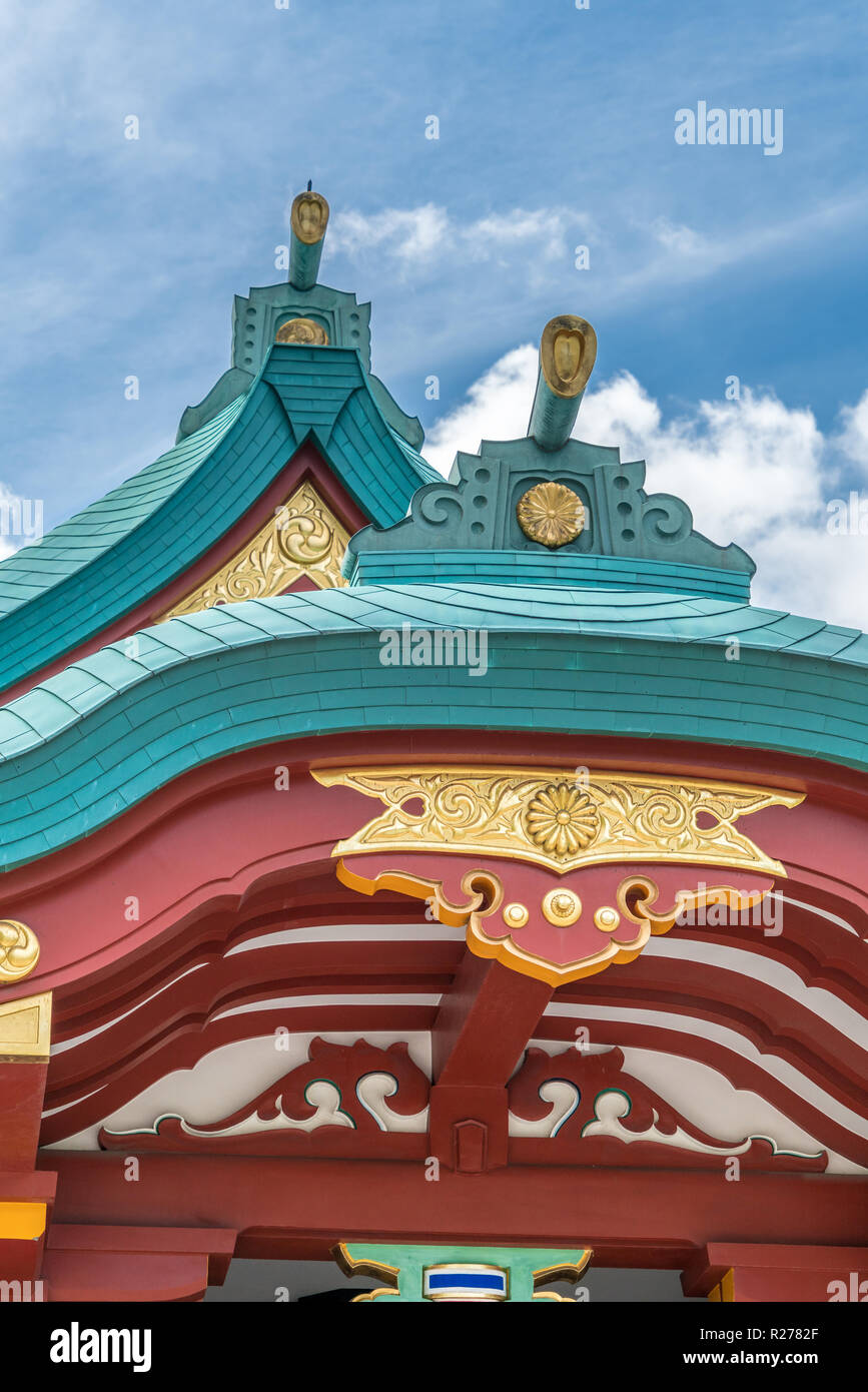 Tokyo - August 14, 2018 : Shishiguchi ridge end tile and Gegyo (Gable ...