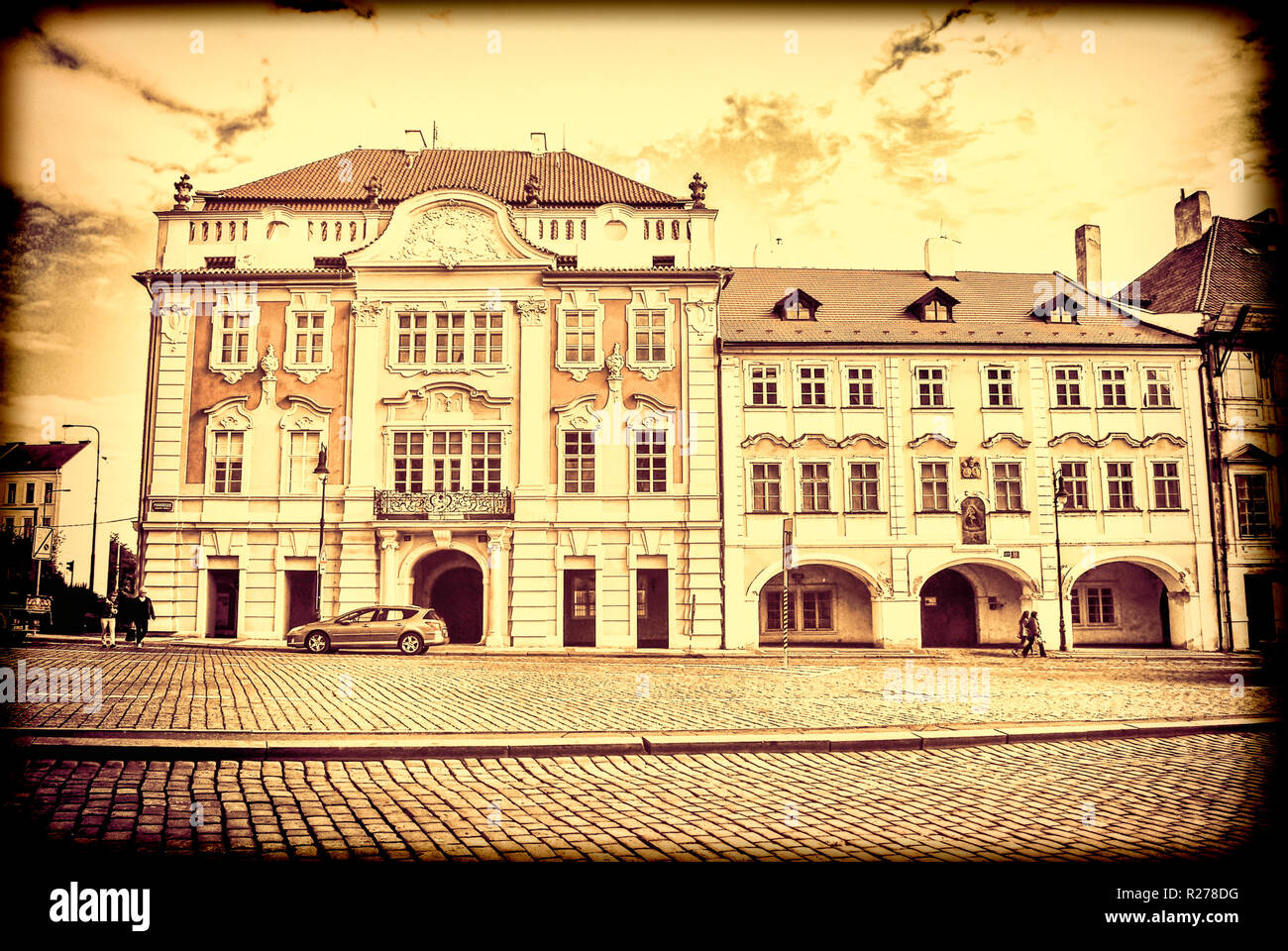 Street in Prague with colorful houses. Vintage view. Old retro style ...