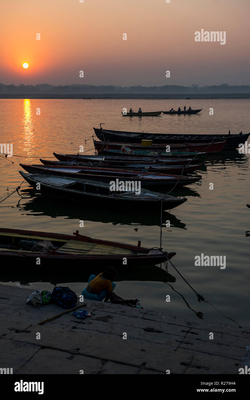Boats along the riverside of the Ganges in Varanasi , India Stock Photo ...