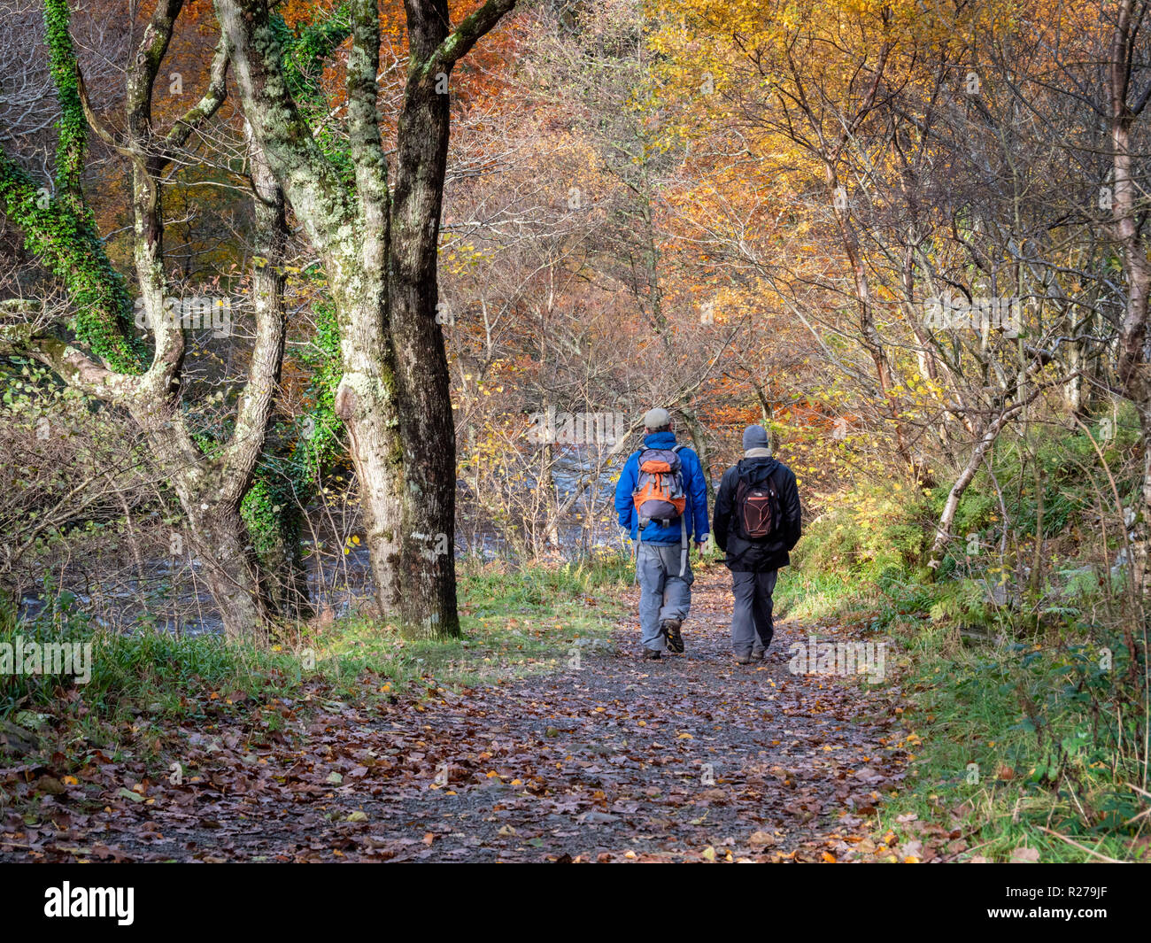 Two people walking along a path by the River West Lyn at Lynmouth in ...