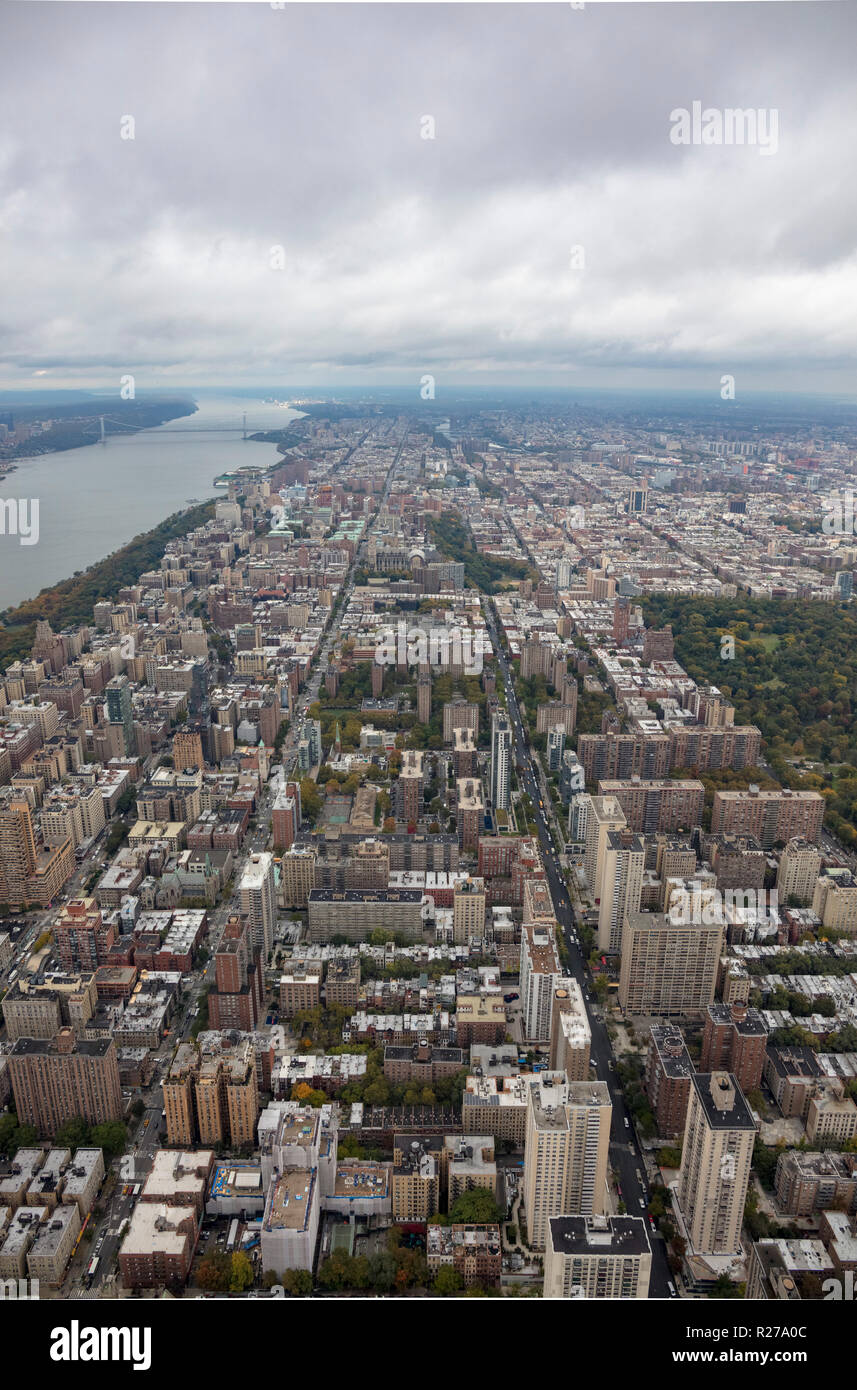 helicopter aerial view of upper West side, Manhattan, New York City ...