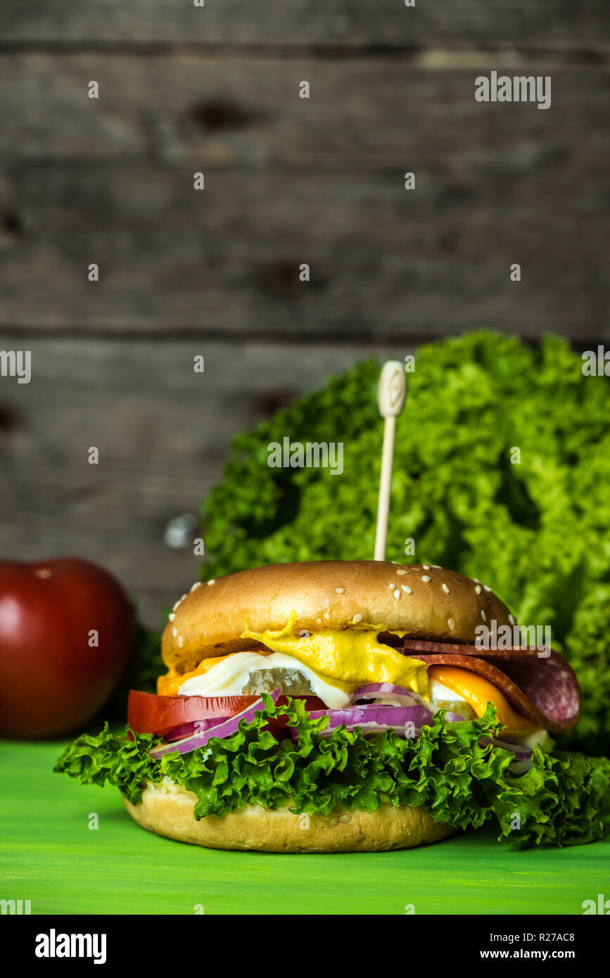tasty cheesburger with a large number of vegetables, mustard ...