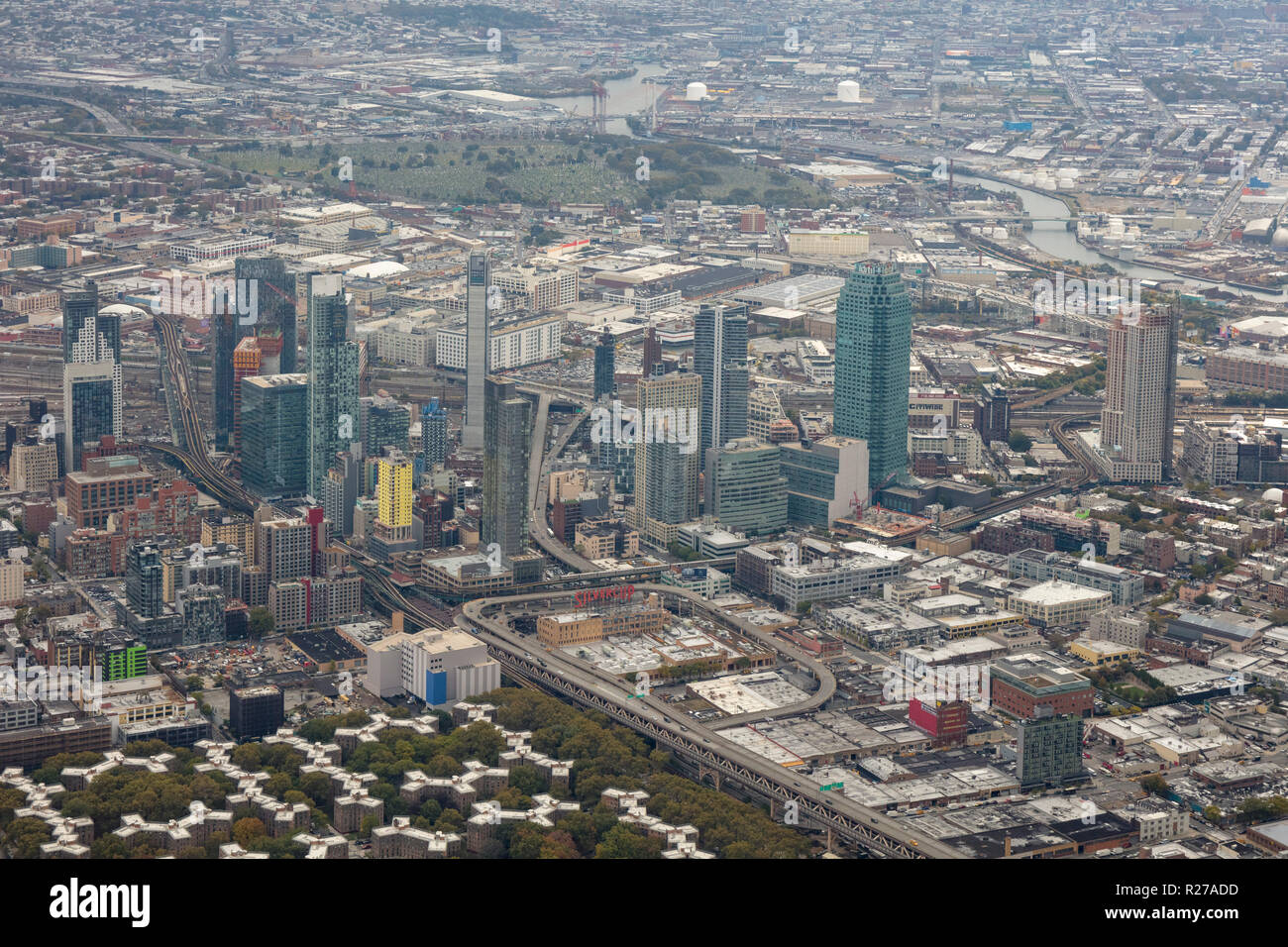 helicopter aerial view of downtown Brooklyn, New York, USA Stock Photo ...