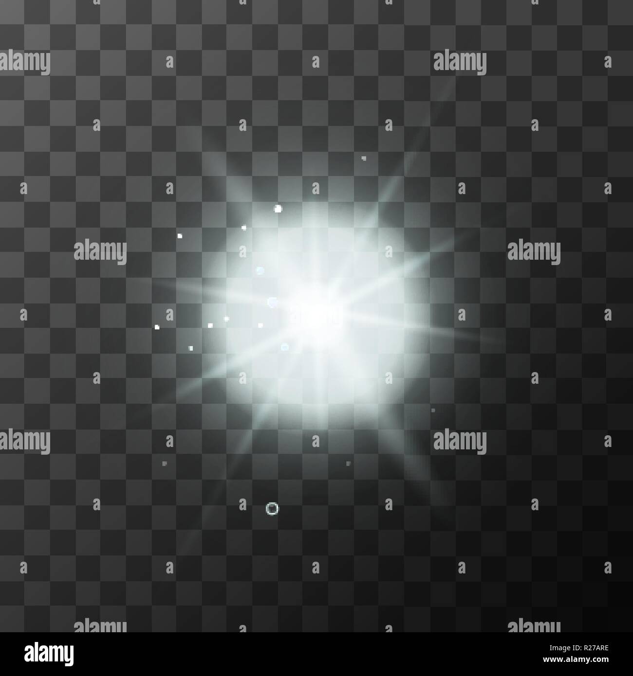 Realistic bright white sparkle with magic light rays on transparent ...