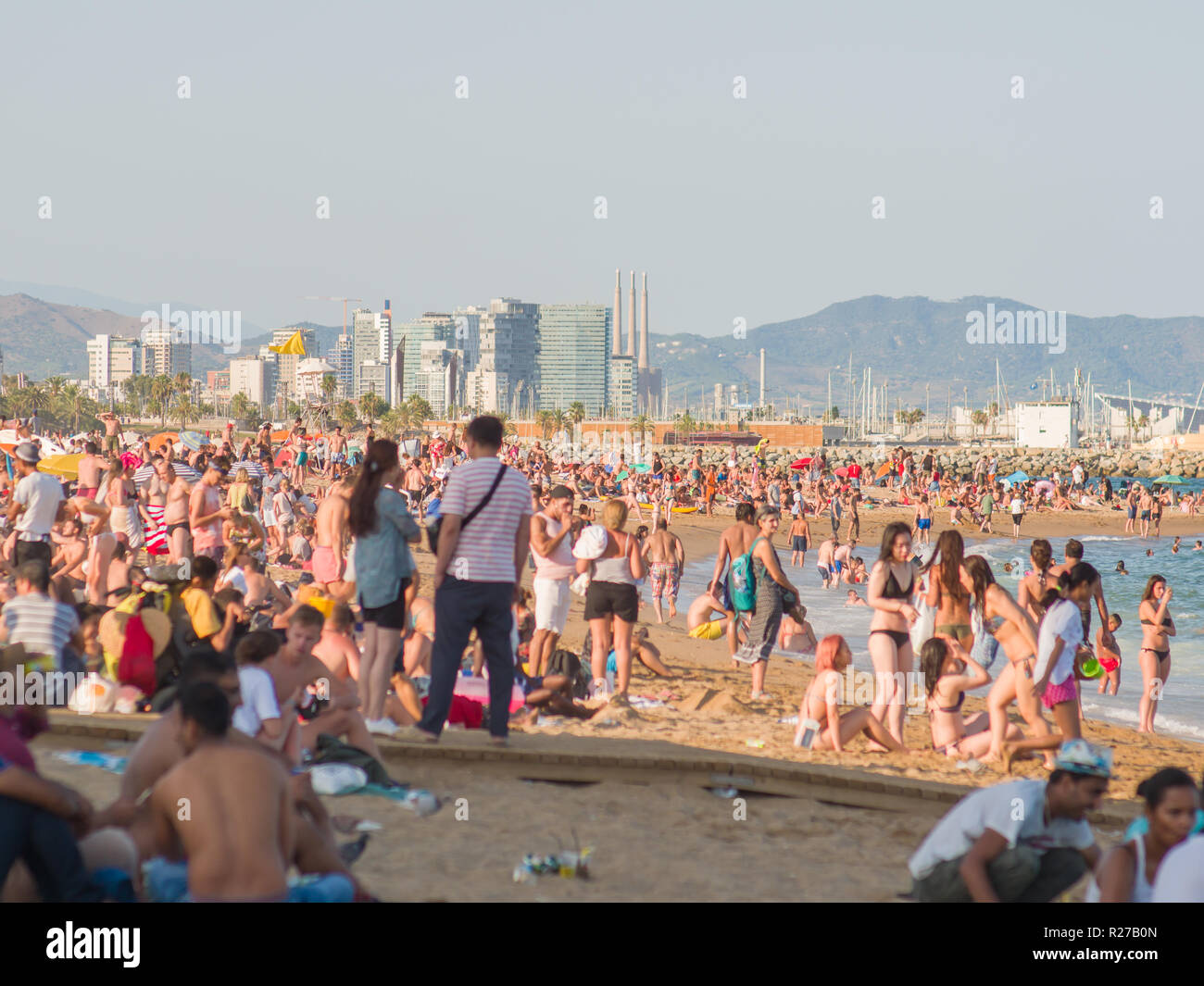 Barcelona, Spain - August 5, 2018: City beach, 400 meters long, it one ...