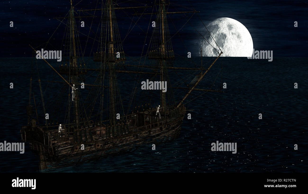 Skeletons in a ghost sailboat with background of white moon - 3D ...