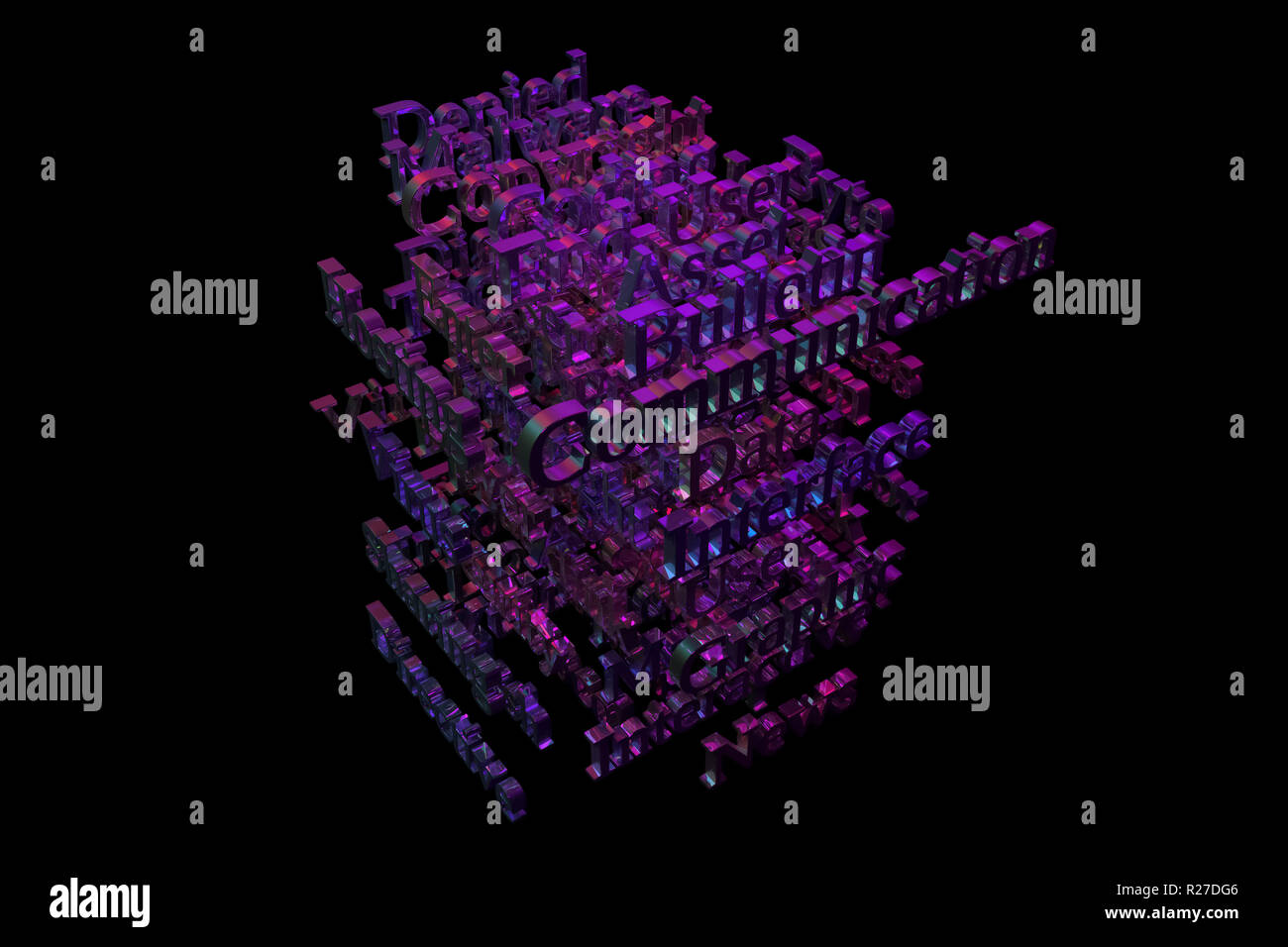 3D rendering. CGI typography with dark background, keywords, computer ...