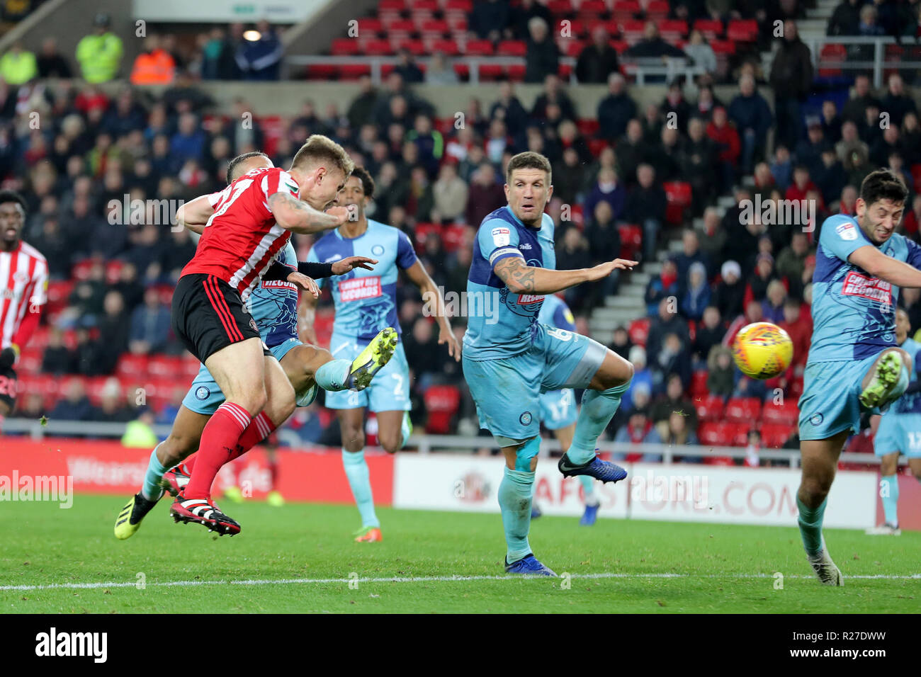 Sunderland's Max Power heads at goal during the Sky Bet League One ...