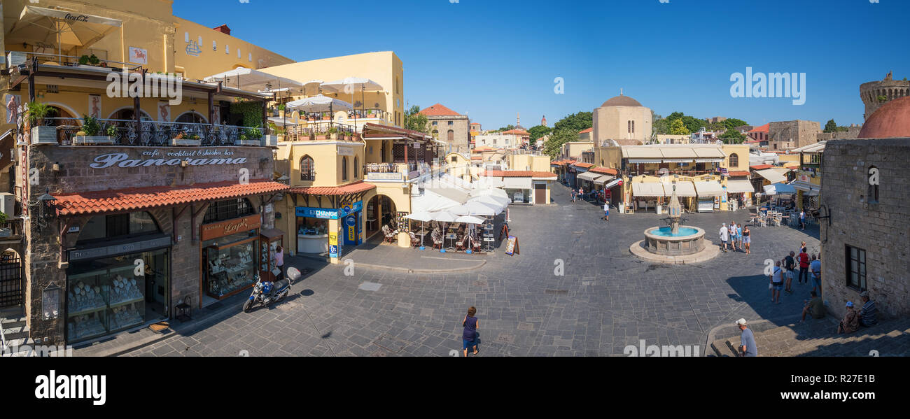 RHODES, GREECE – JUNE 26 2018: Hippocrates Square with water fountain ...