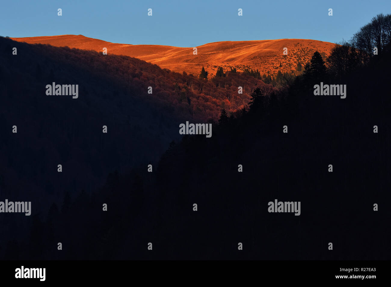 Nature background. Sunset in Bucegi mountains seen from Prahova Valley ...