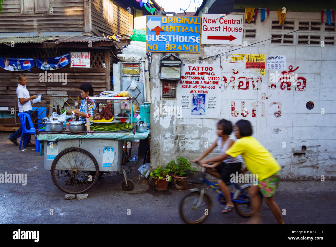 Bangkok, Thailand : Street scece with children and Thai street food ...