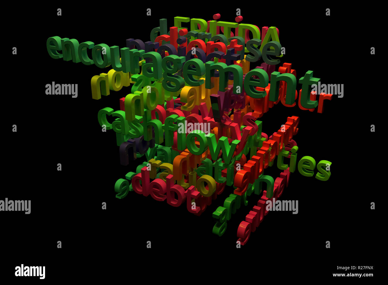 3D rendering. Background abstract, business or finance related keywords CGI typography with dark ...