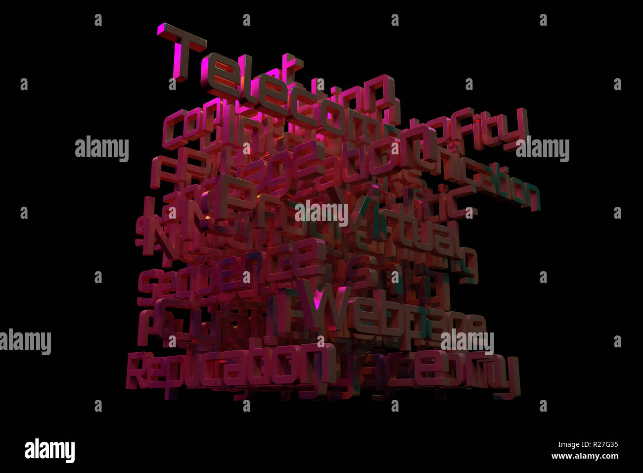 CGI typography with dark background, computer or IT related keywords ...