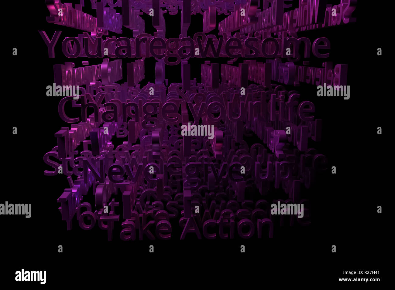 3D rendering. CGI typography with dark background, keywords cloud ...