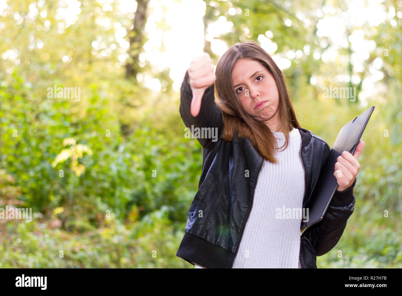 Woman or young european Caucasian college girl or sad student with ...
