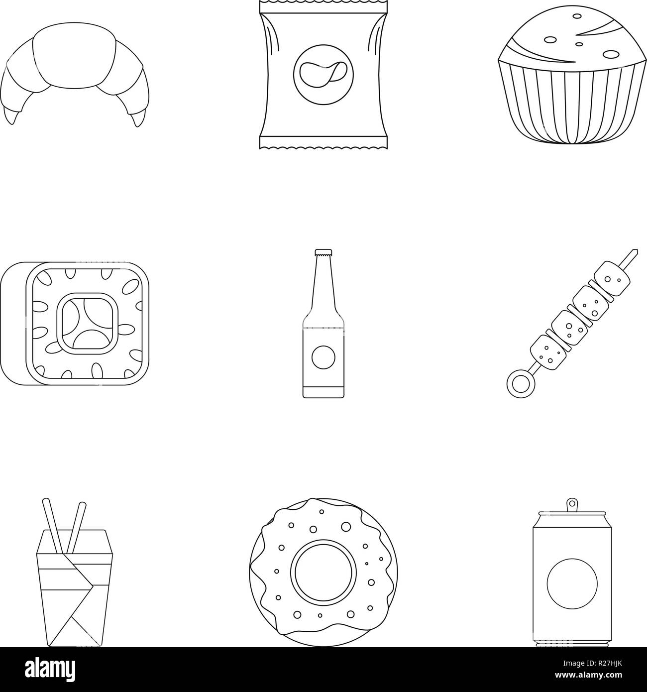 Farinaceous icons set. Outline set of 9 farinaceous vector icons for ...