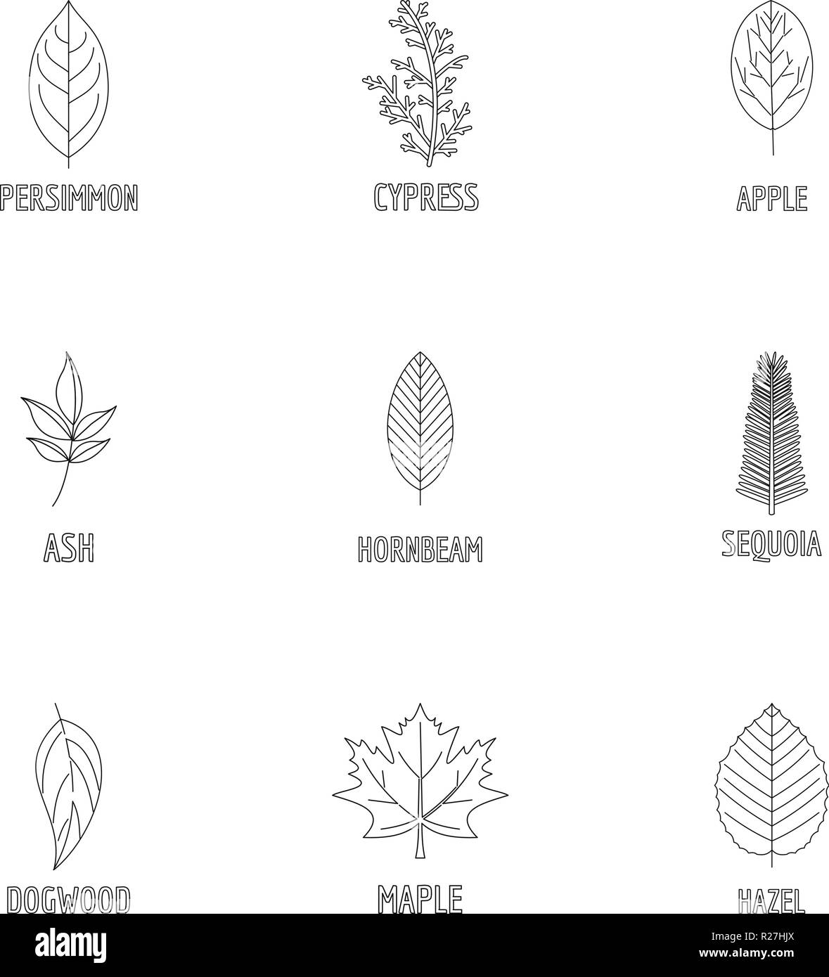Deciduous icons set. Outline set of 9 deciduous vector icons for web ...
