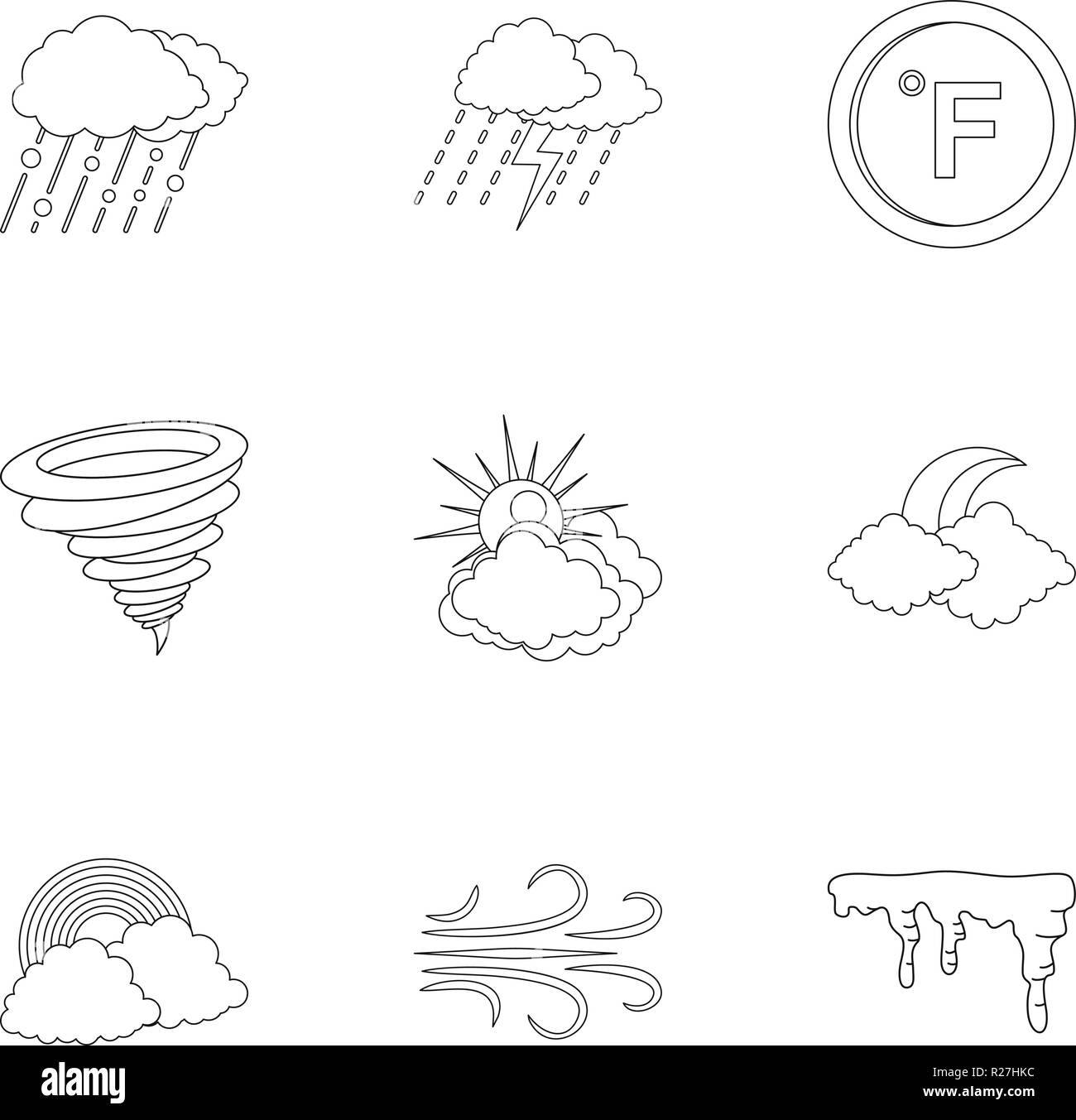 Weatherboard icons set. Outline set of 9 weatherboard vector icons for ...