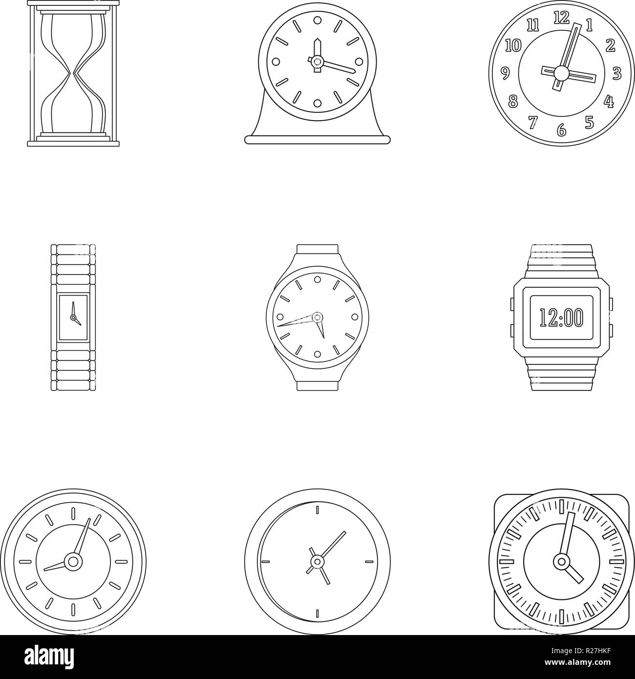Timekeeper icons set. Outline set of 9 timekeeper vector icons for web ...