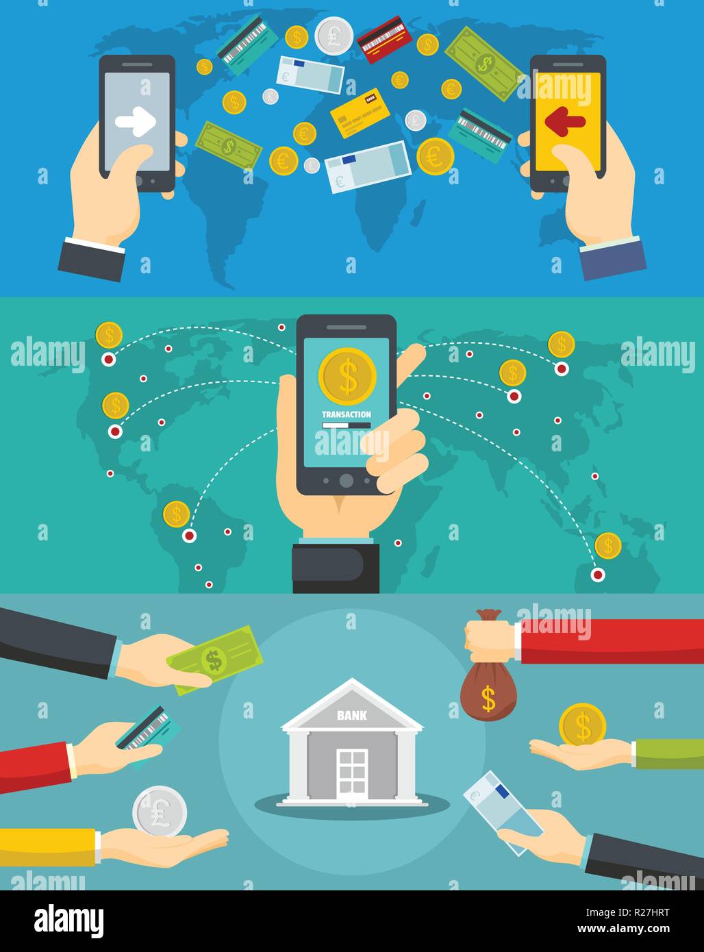 Money transaction around world banner concept set. Flat illustration of ...