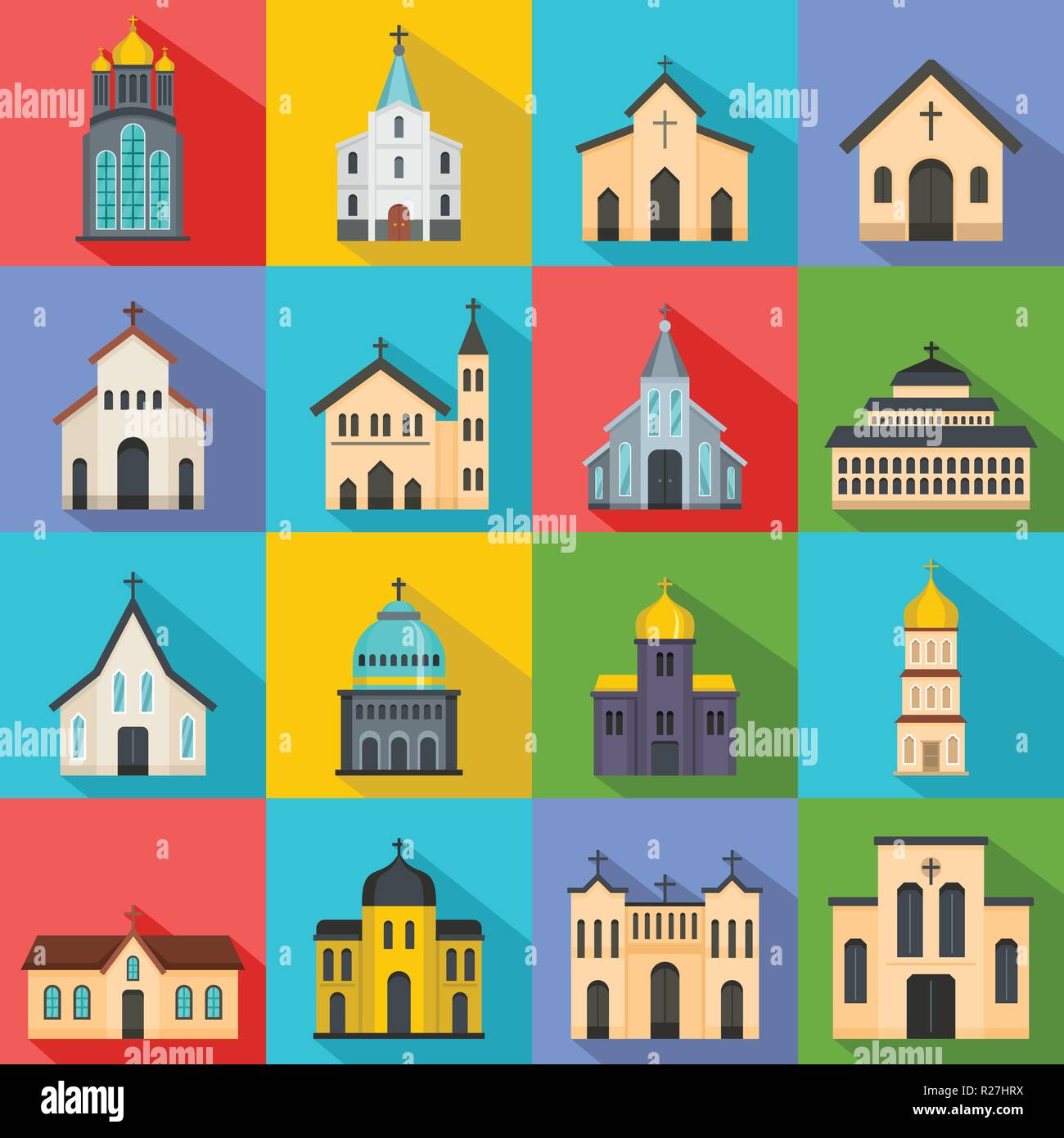 Church building icons set. Flat illustration of 16 church building ...