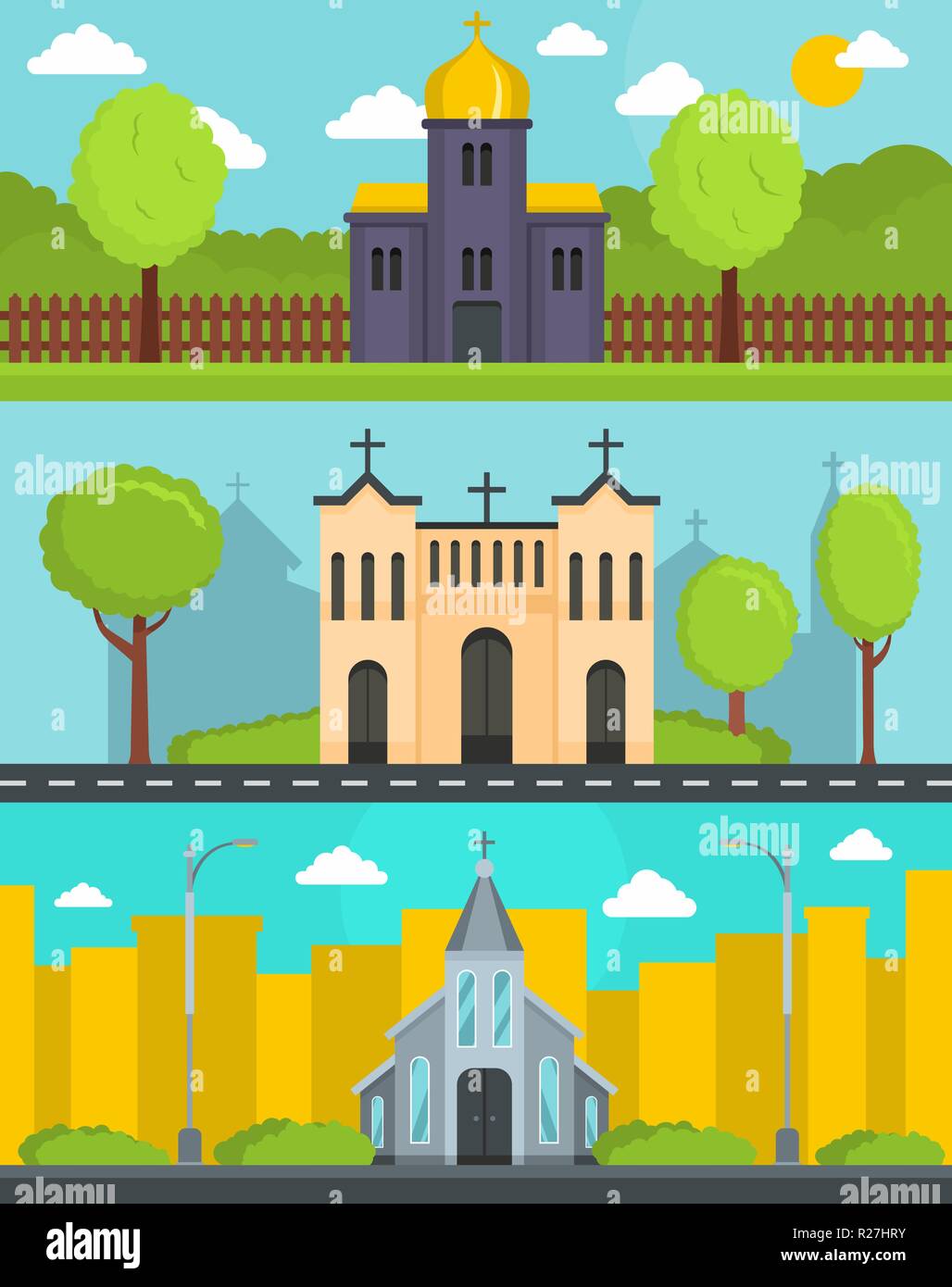 Church building banner concept set. Flat illustration of 3 church ...