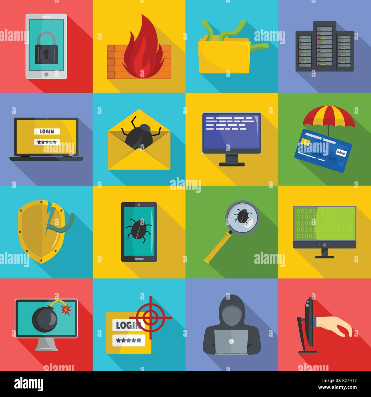 Cyber attack computer virus icons set. Flat illustration of 16 cyber attack computer virus ...