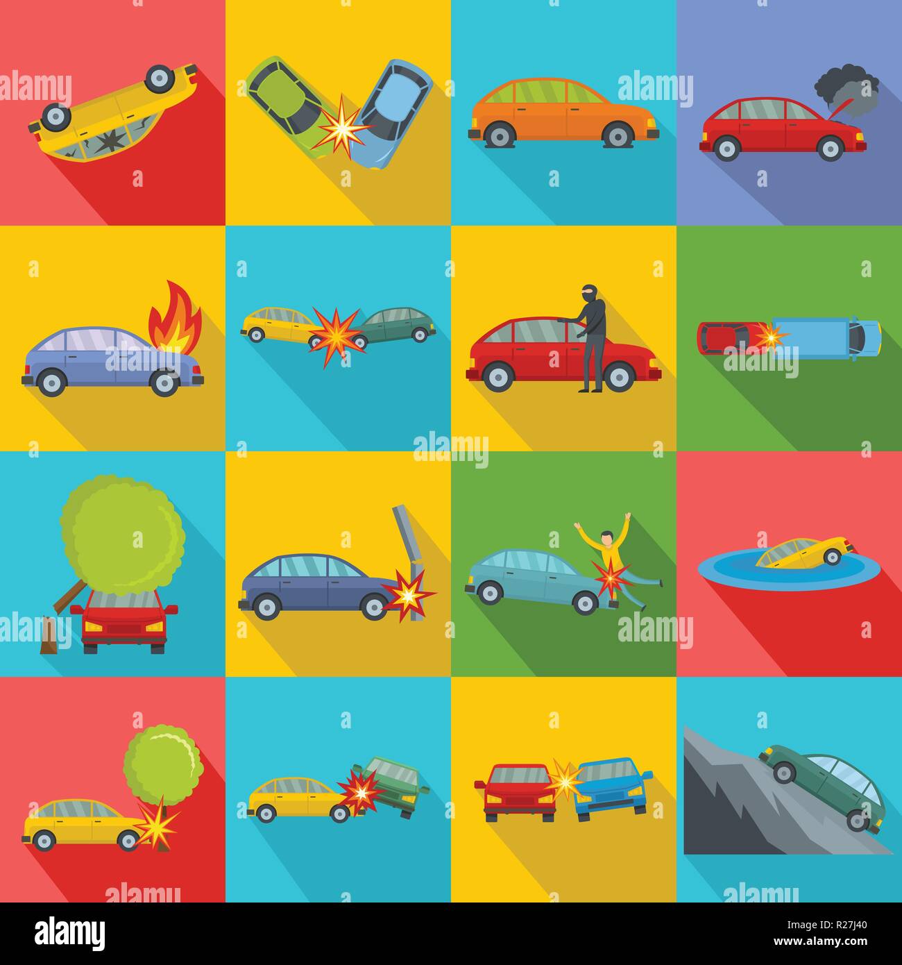 Accident car crash case icons set. Flat illustration of 16 accident car ...