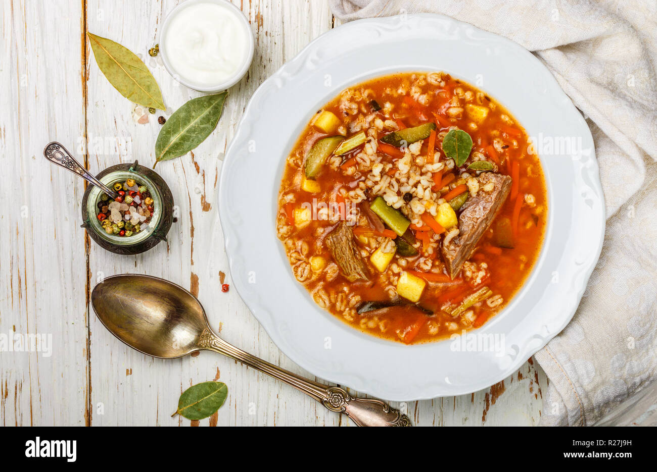 Traditional Russian soup Rassolnik beef with pickled cucumbers ...