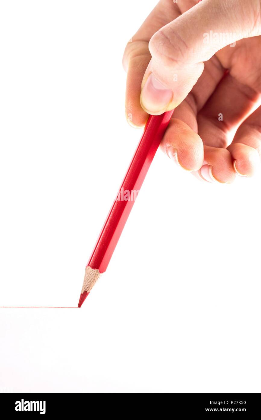 hand with the red pencil on a white background Stock Photo - Alamy