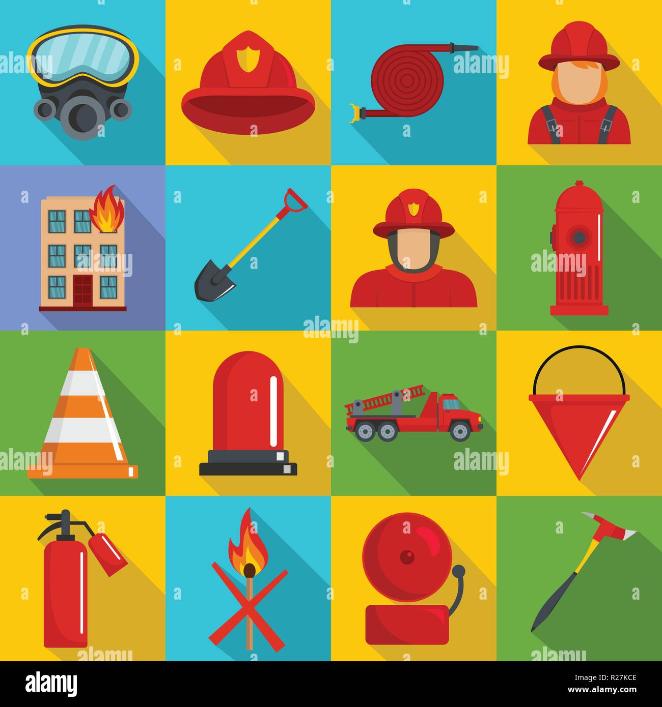 Fire fighter icons set. Flat illustration of 16 fire fighter vector ...