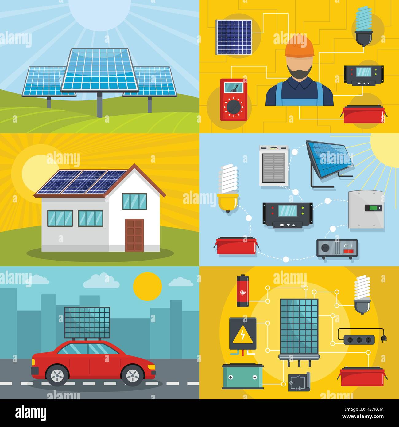 Solar energy equipment banner concept set. Flat illustration of 6 solar ...