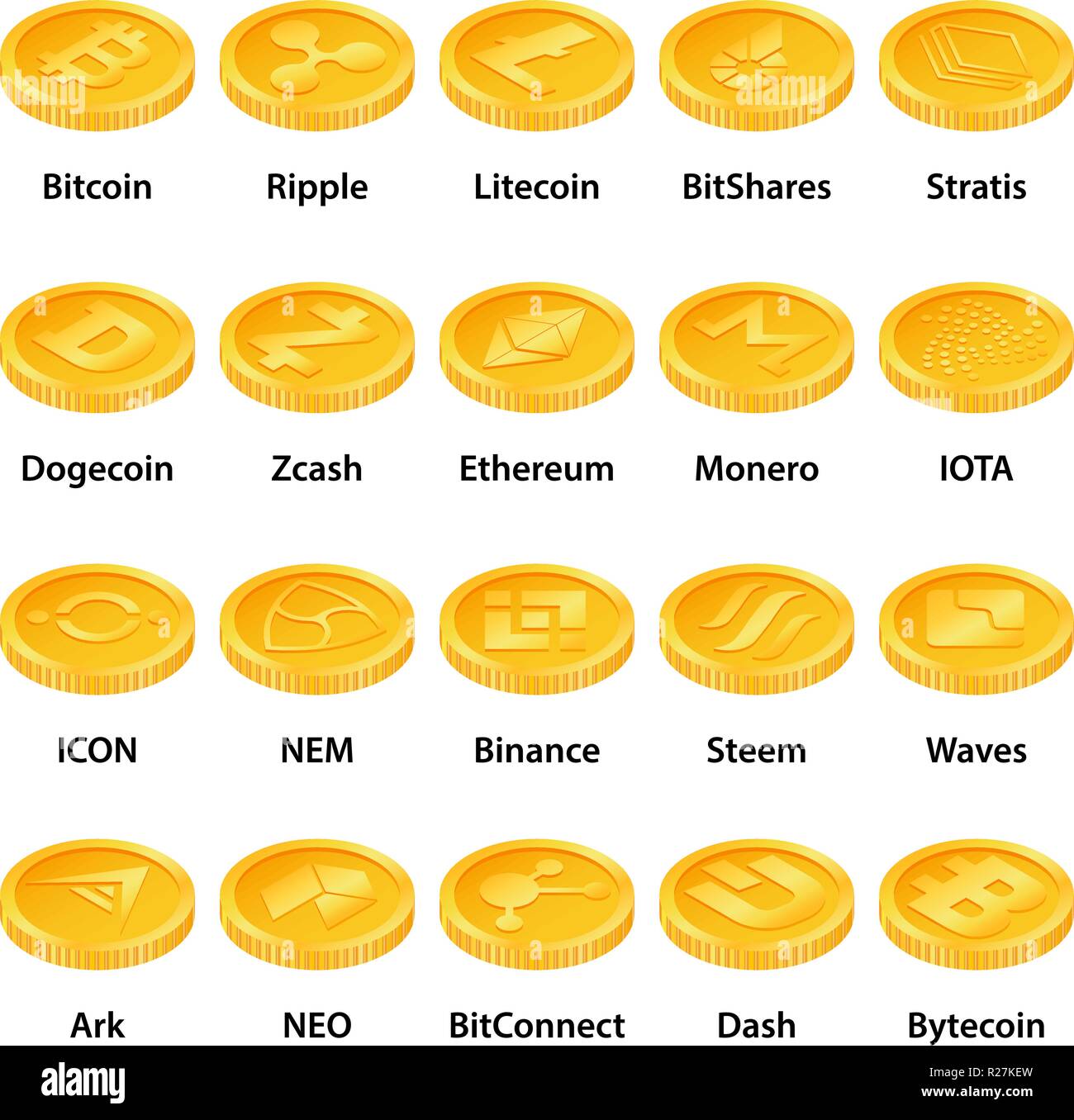 Cryptocurrency types icons set. Isometric illustration of 25 ...