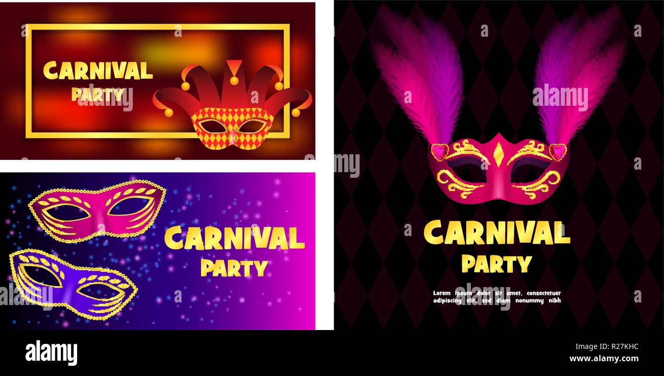 Carnival mask venetian banner concept set. Realistic illustration of 3 ...