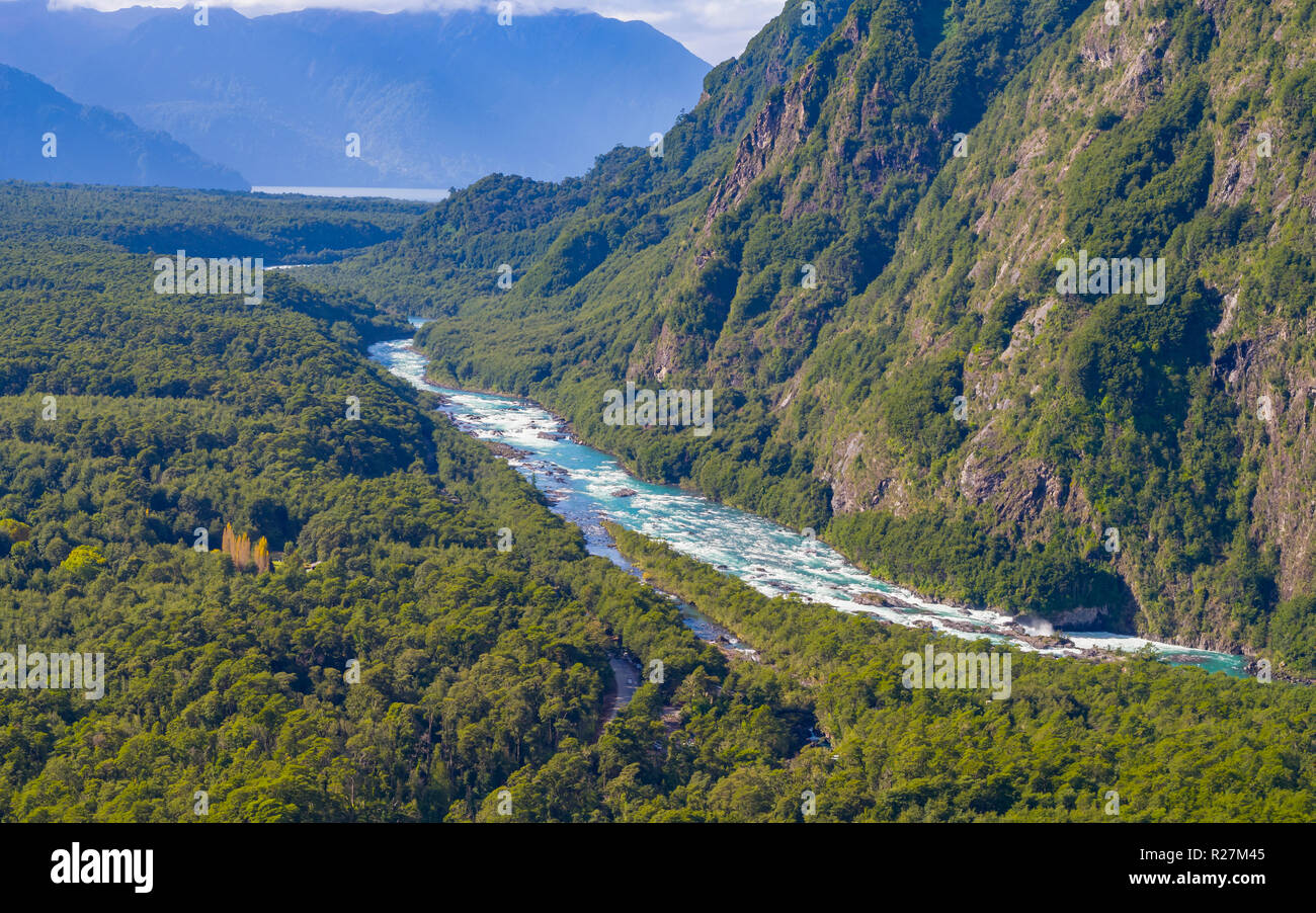 Aerial view of a part of the Petrohue River, a natural waterfall that ...