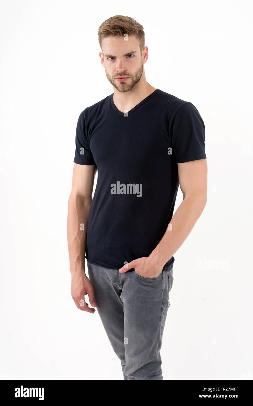 Bearded man with serious look isolated on white. Macho hold hand in ...