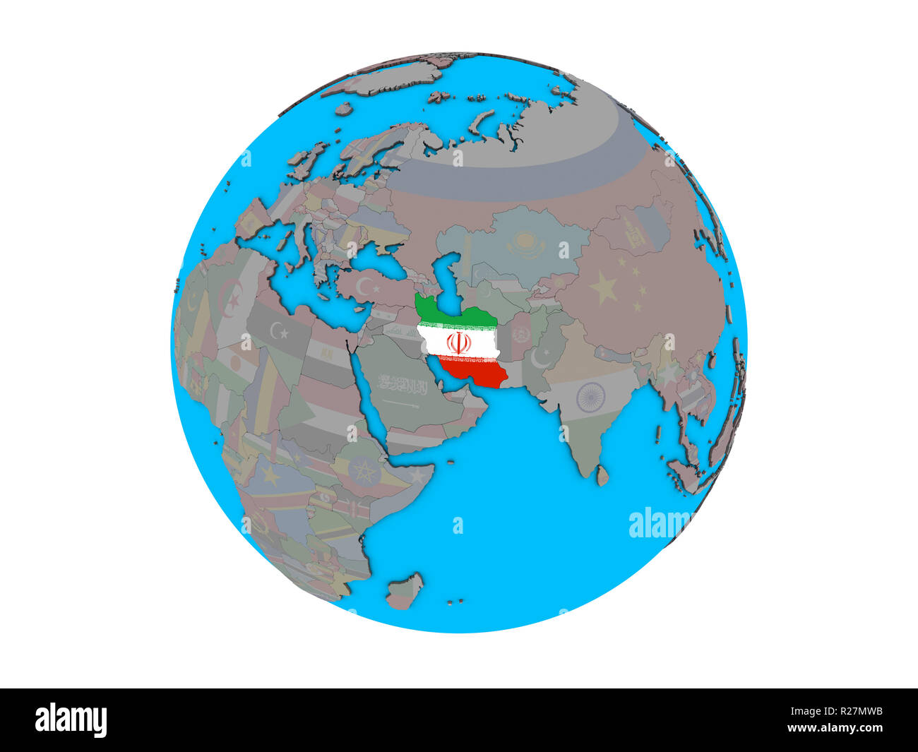 Iran with embedded national flag on blue political 3D globe. 3D ...