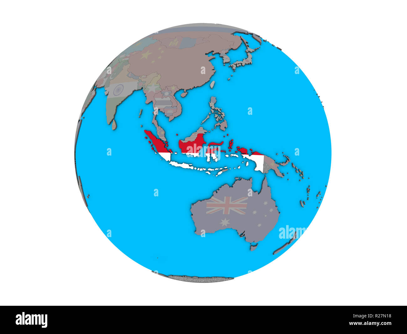 Indonesia with embedded national flag on blue political 3D globe. 3D ...