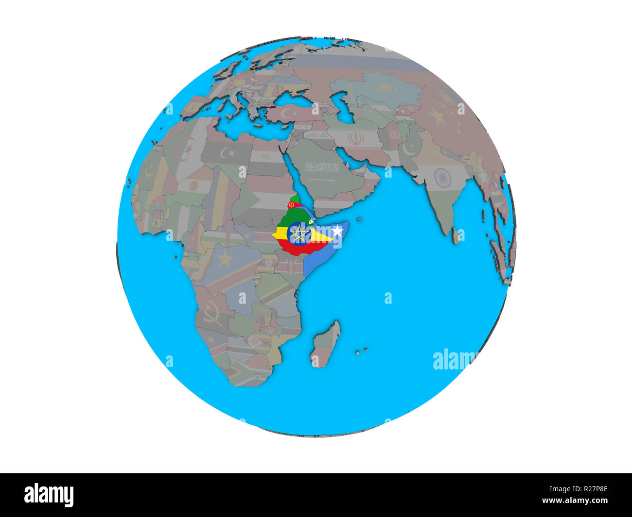 Horn of Africa with embedded national flags on blue political 3D globe ...