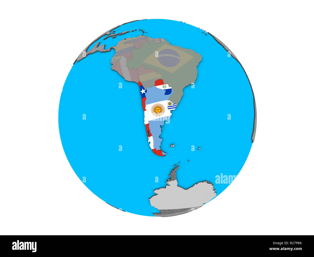 Southern Cone with embedded national flags on blue political 3D globe ...