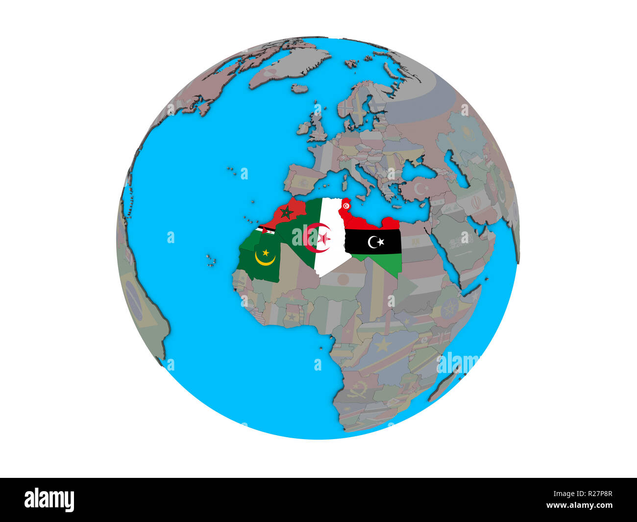 Maghreb region with embedded national flags on blue political 3D globe ...