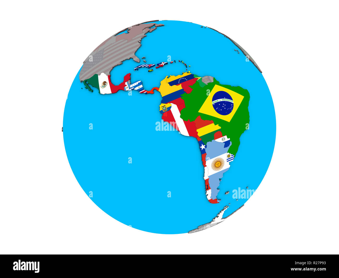 Latin America with embedded national flags on blue political 3D globe ...