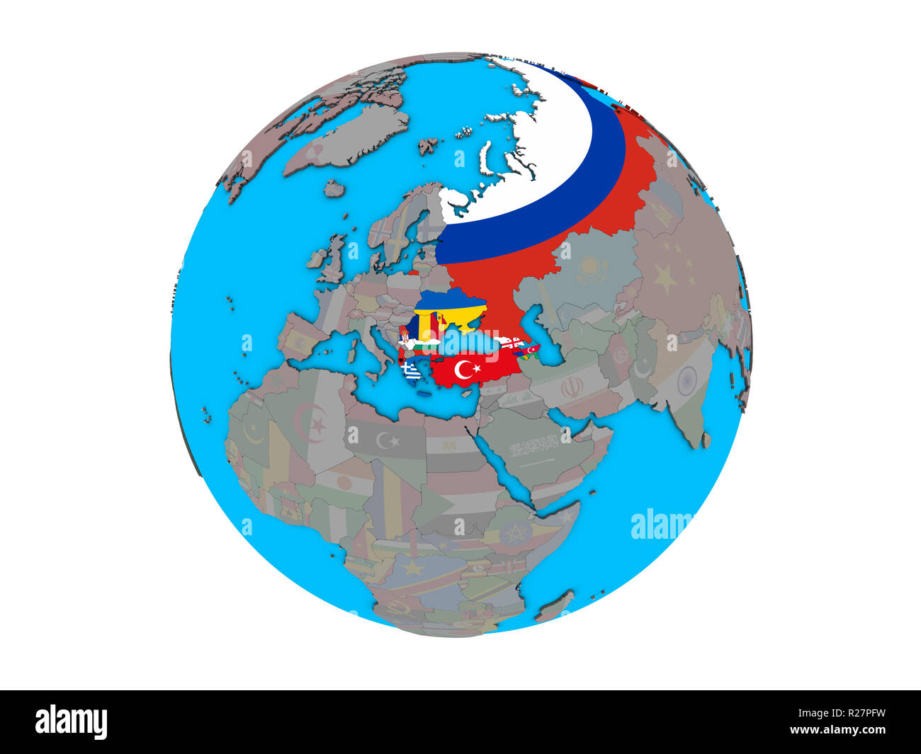 BSEC countries with embedded national flags on blue political 3D globe ...