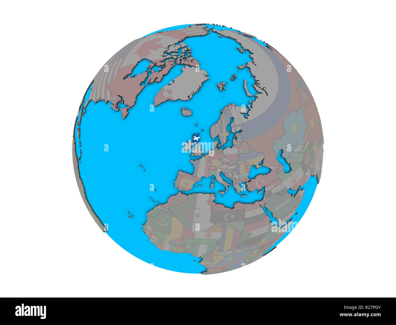 Scotland with embedded national flag on blue political 3D globe. 3D ...